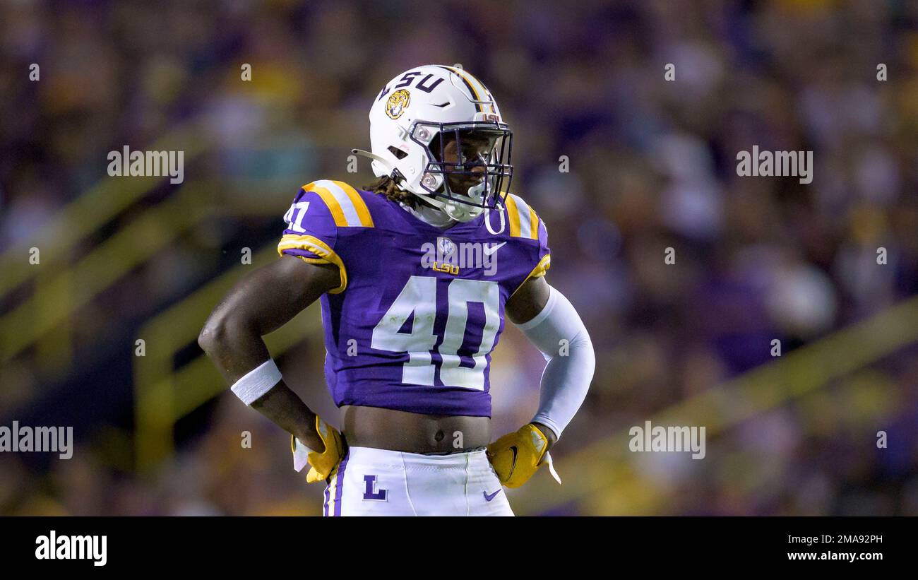 LSU linebacker Harold Perkins Jr. (40) lines up during an NCAA football ...