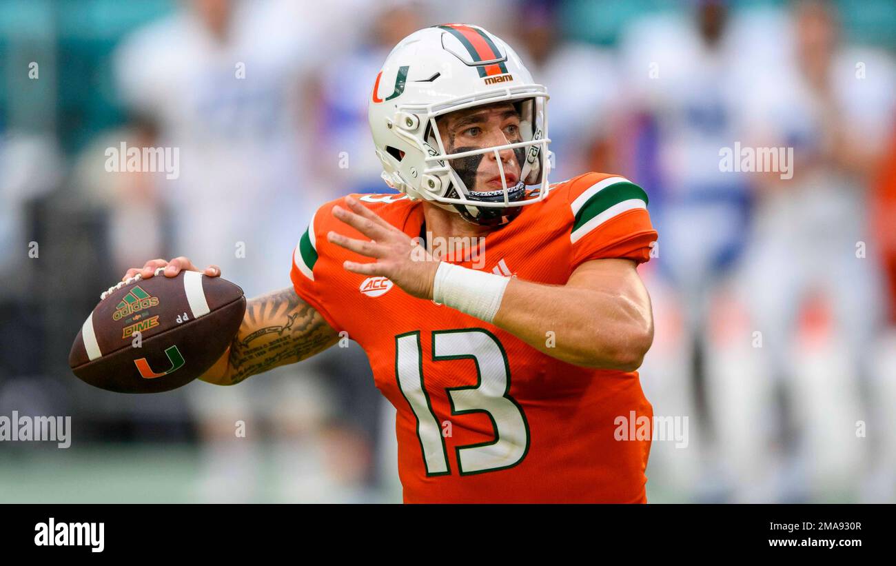 Miami quarterback Jake Garcia (13) during an NCAA football game on ...