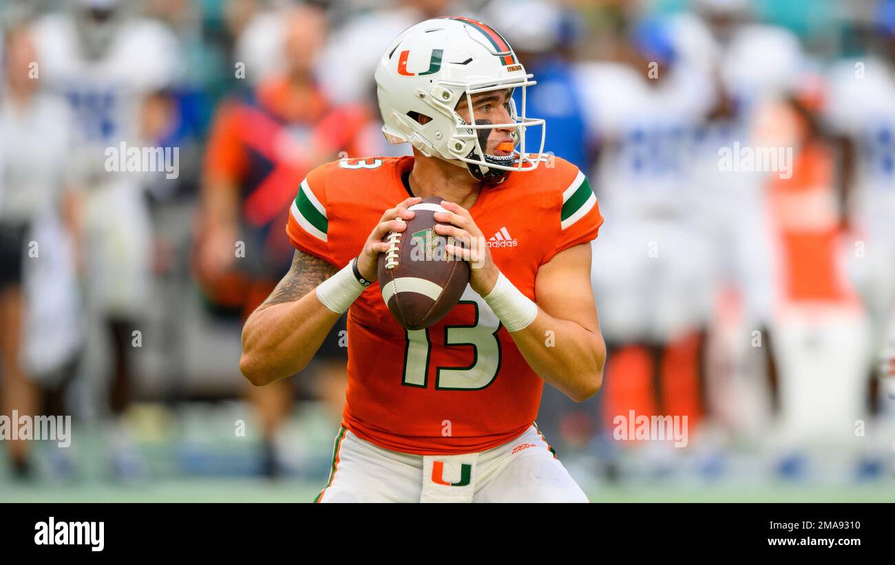 Miami quarterback Jake Garcia (13) during an NCAA football game on ...