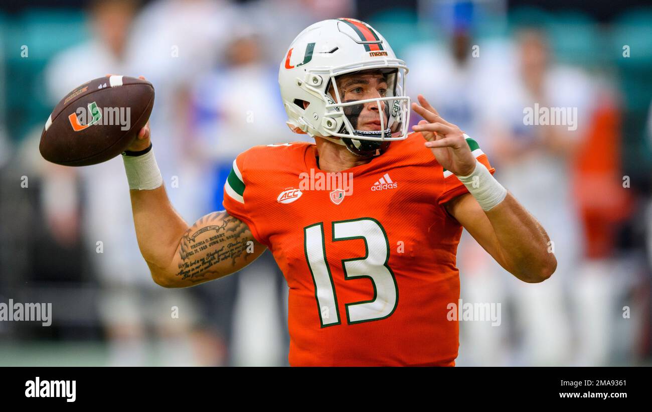 Miami quarterback Jake Garcia (13) during an NCAA football game on ...