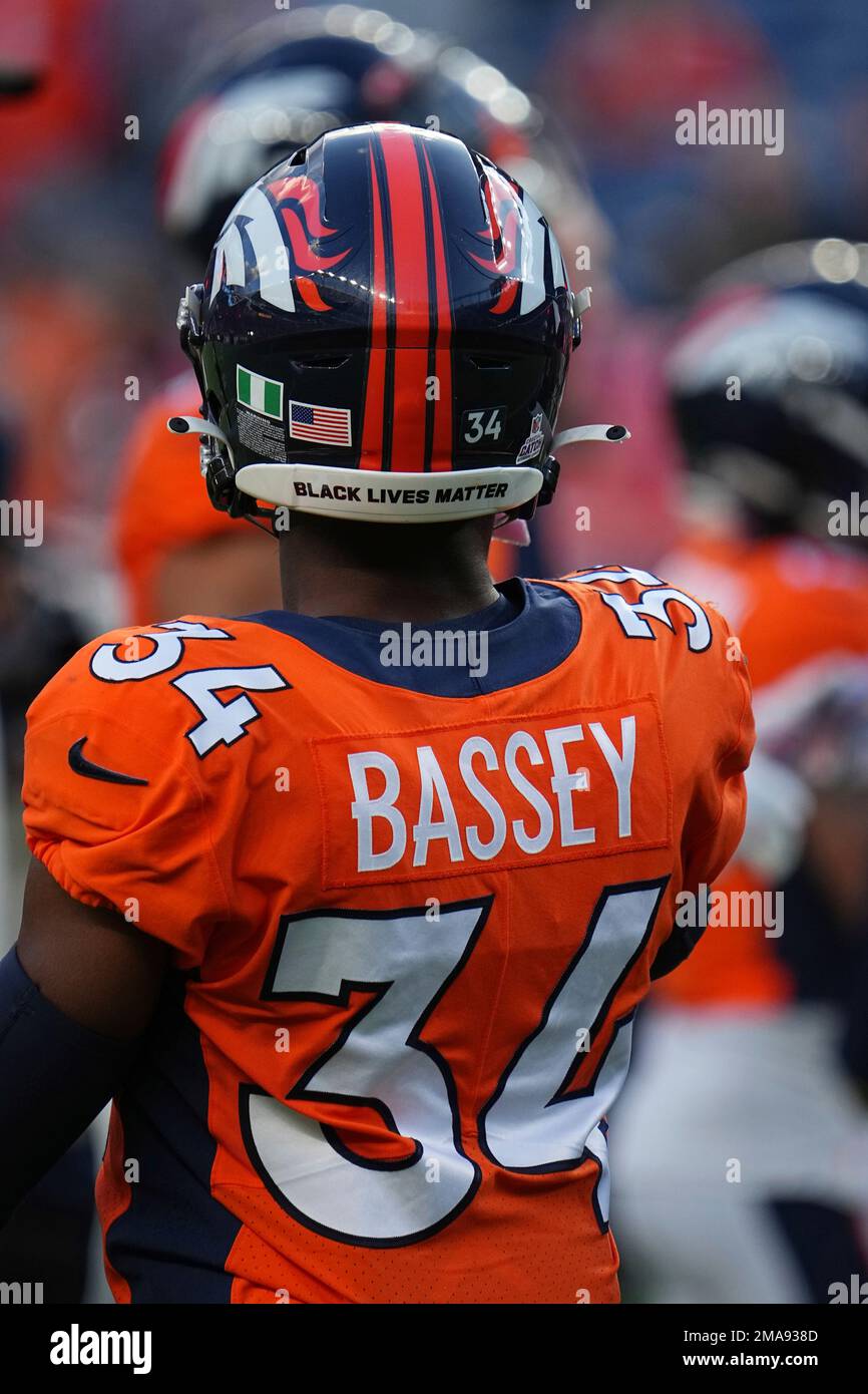 Denver Broncos cornerback Essang Bassey (34) against the Indianapolis ...