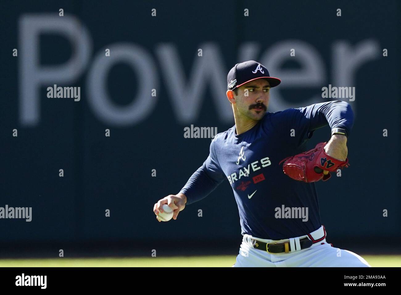 Atlanta Braves starting pitcher Spencer Strider throws in the outfield ...