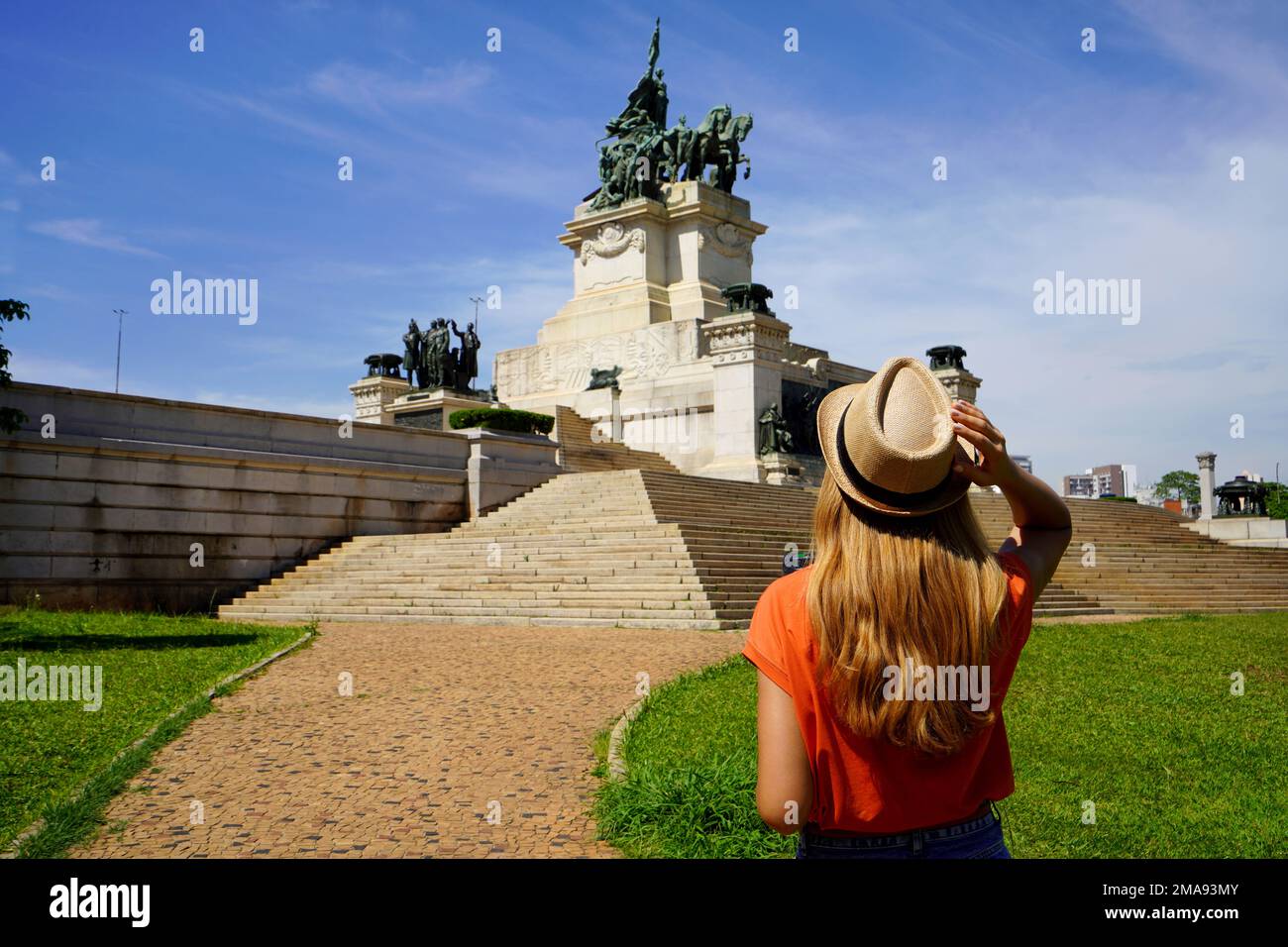 Tourism in Sao Paulo, Brazil. Back view of beautiful young tourist ...