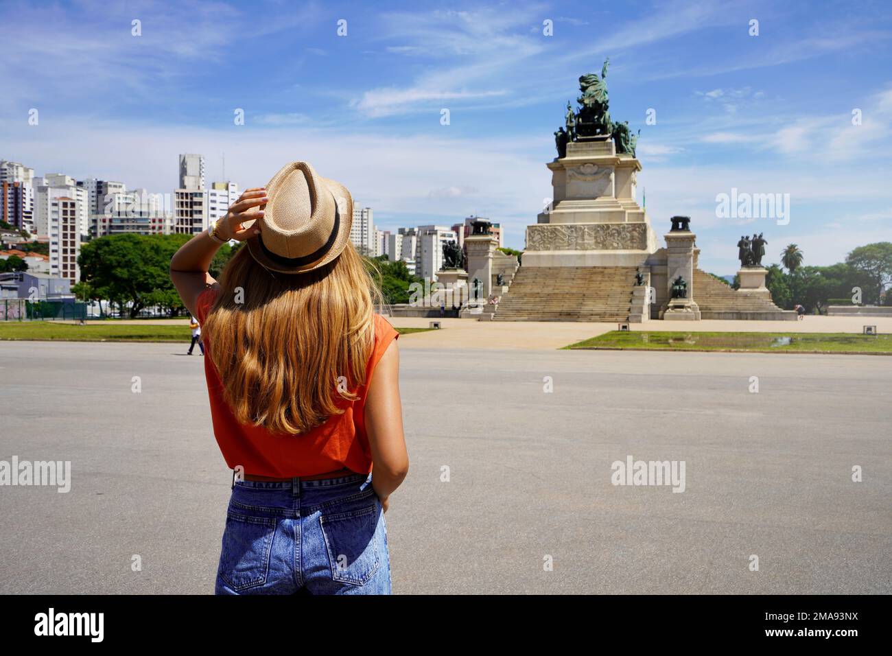 Visiting Sao Paulo, Brazil. Rear view of beautiful tourist girl looking ...