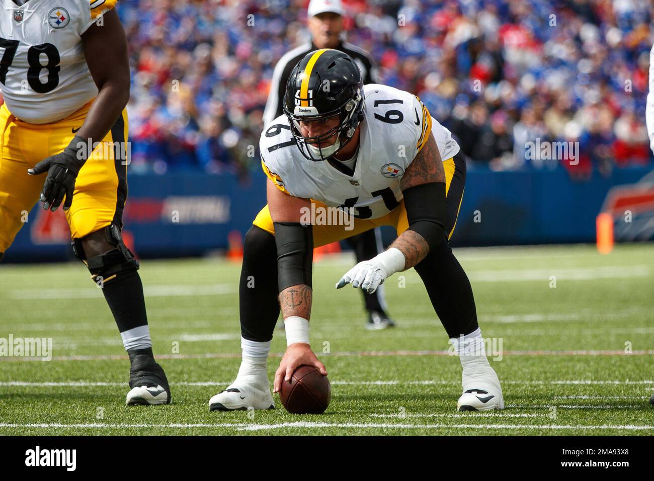 Pittsburgh Steelers center Mason Cole (61) prepares to snap the ball during an NFL football game ...