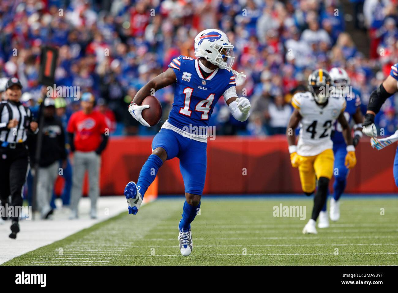 Buffalo Bills wide receiver Stefon Diggs (14) leaps during an NFL ...