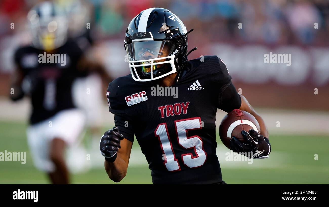 Troy wide receiver Tez Johnson (15) carries the ball against Marshall ...