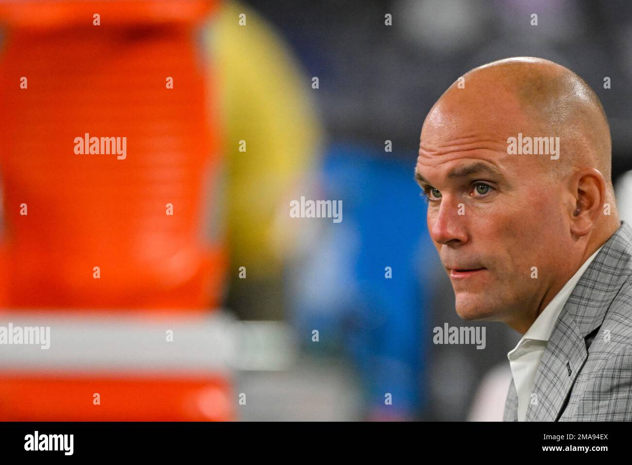 Baltimore Ravens General Manager Eric DeCosta looks on from the ...