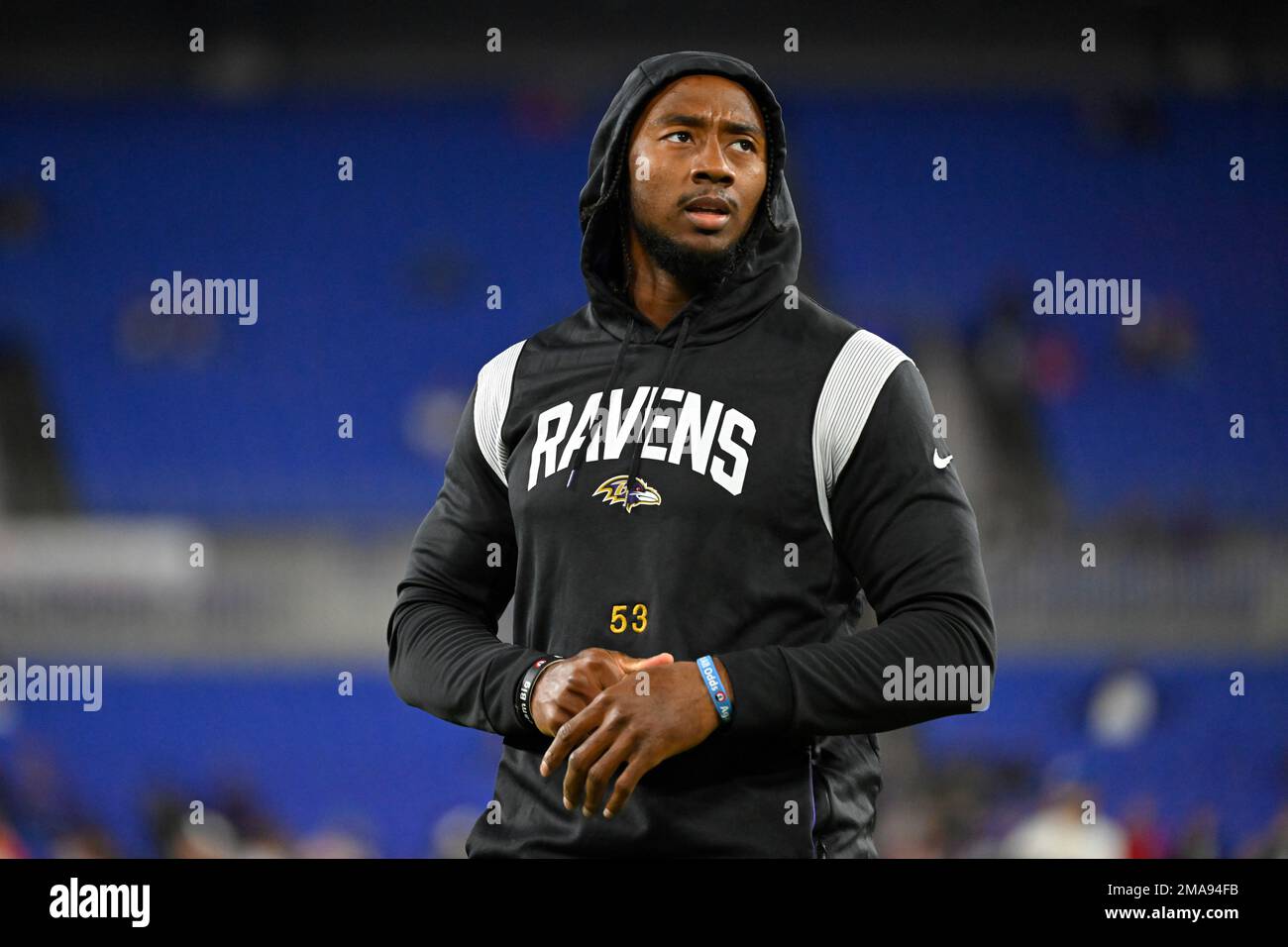 Baltimore Ravens linebacker Del'Shawn Phillips looks on during pre-game ...