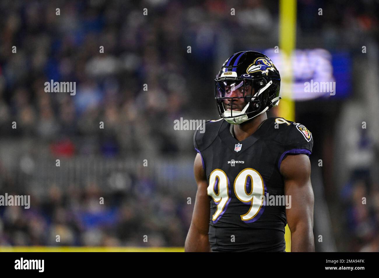 Baltimore Ravens linebacker Odafe Oweh (99) looks on between plays ...
