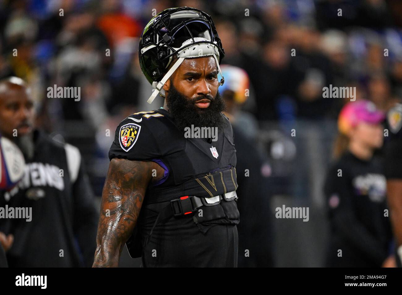 Baltimore Ravens cornerback Daryl Worley looks on during pre-game warm ...