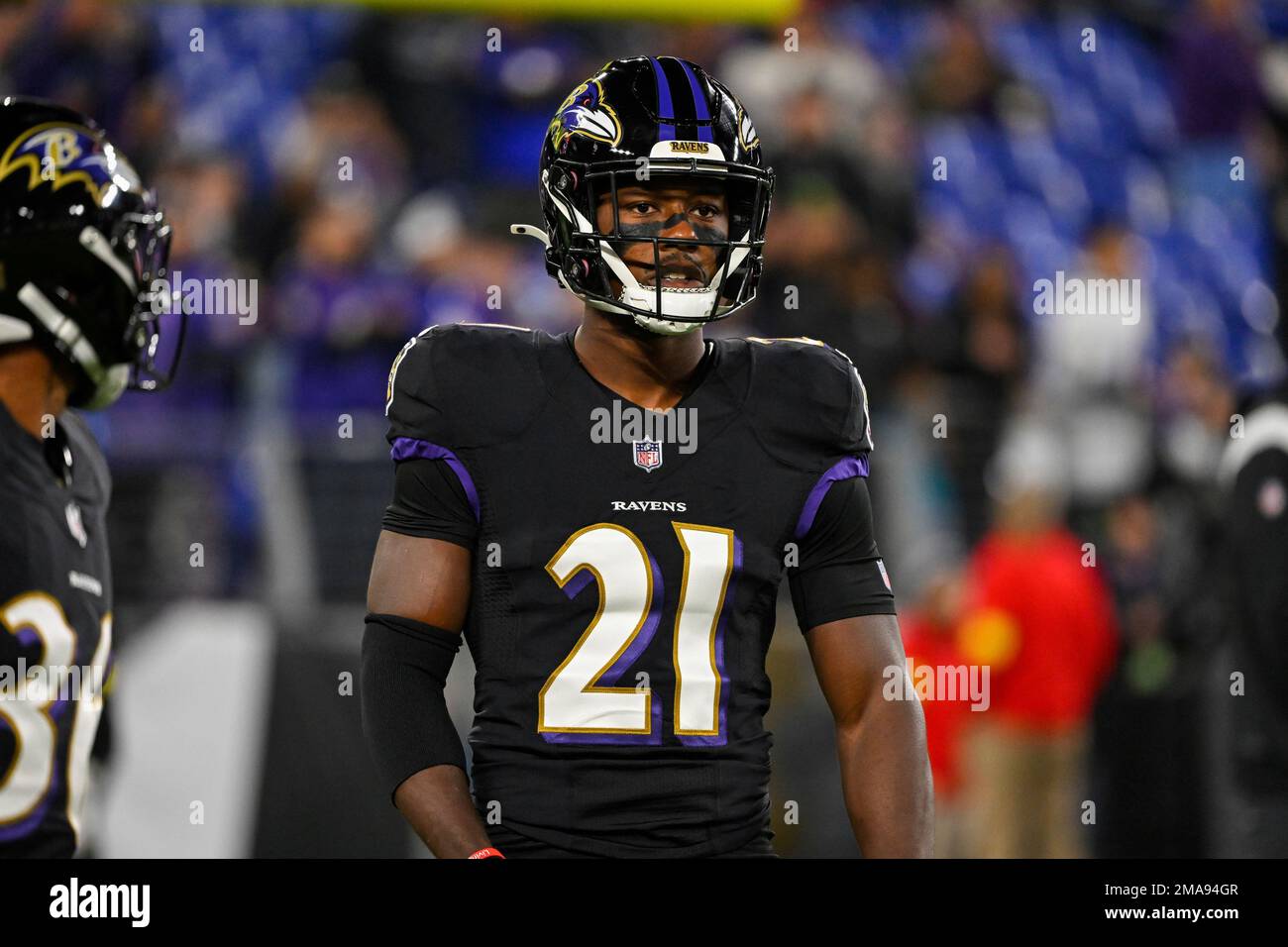 Baltimore Ravens cornerback Brandon Stephens (21) looks on during pre ...