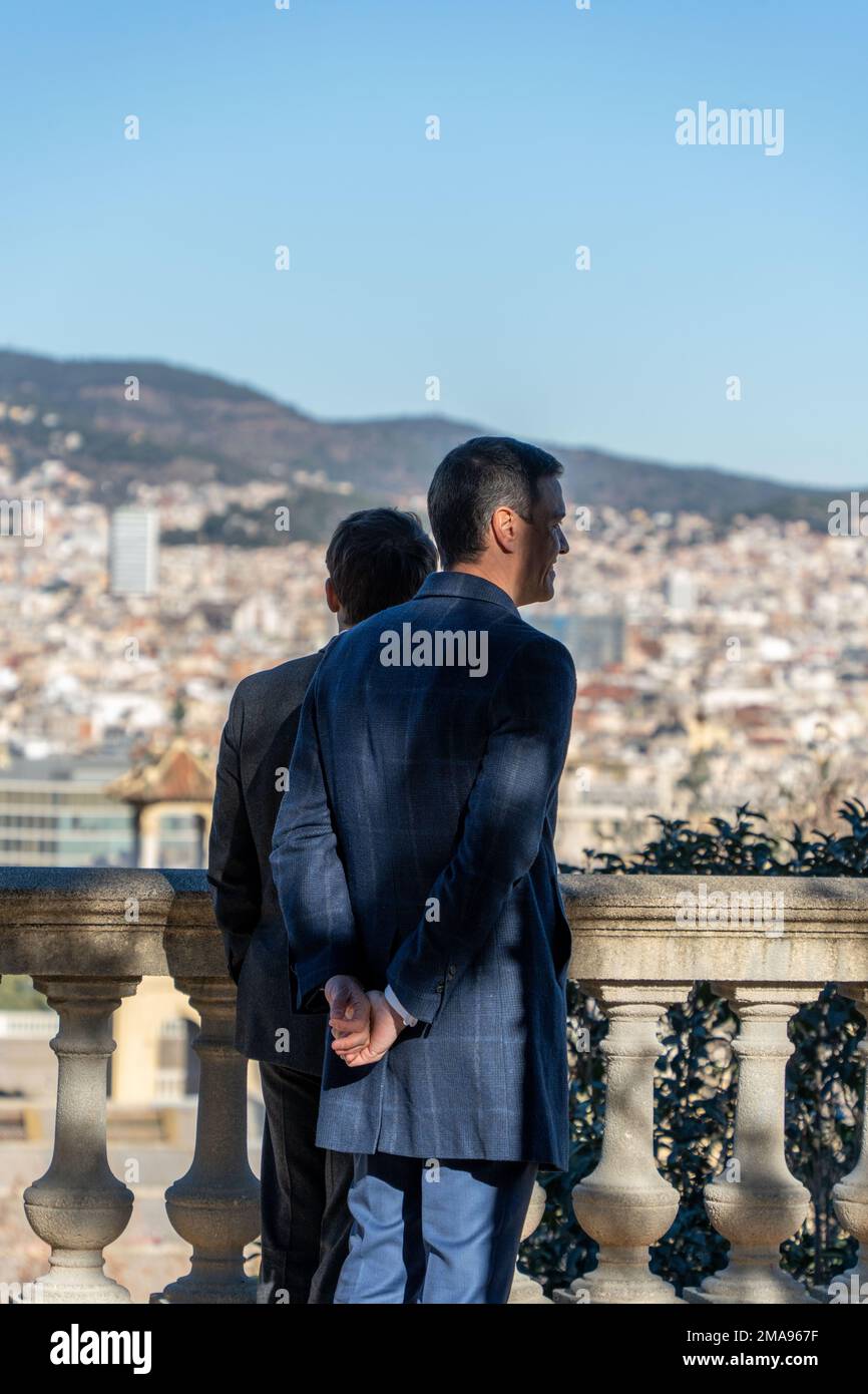 Barcelona, Spain. January 19, 2023. Emmanuel Macron and Pedro Sanchez ...