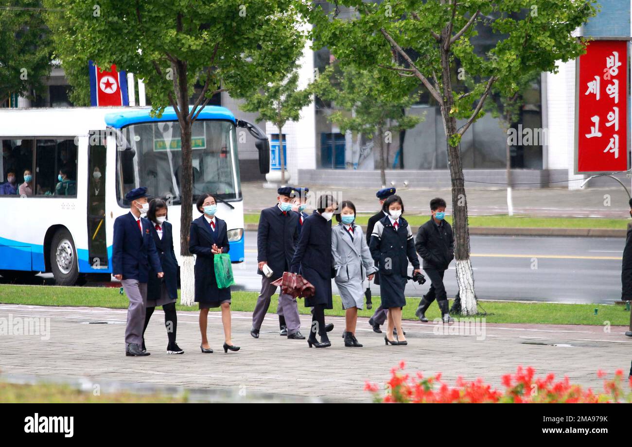 Students walk in Changjon Street in Pyongyang, North Korea, Monday, Oct ...