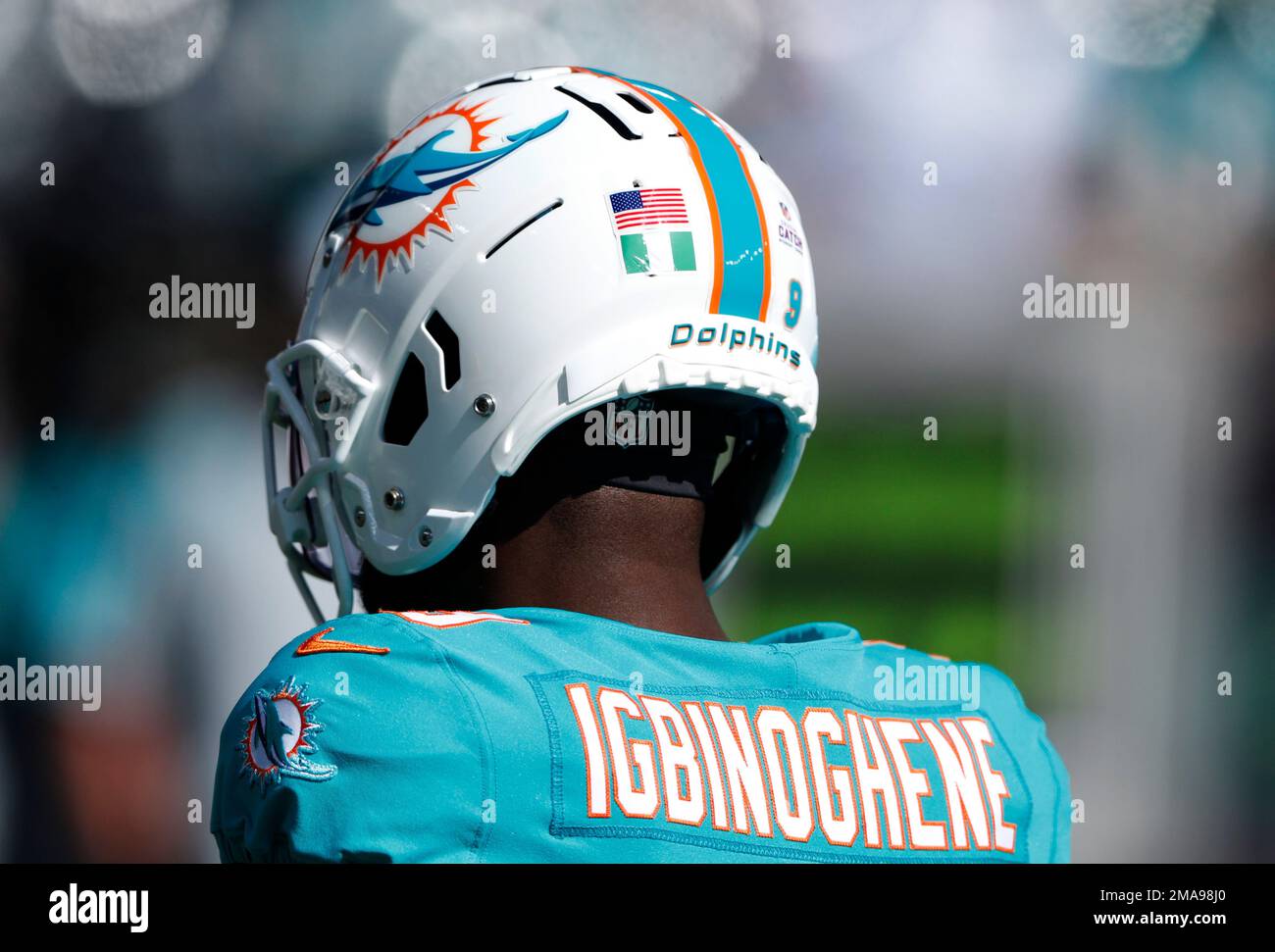 Miami Dolphins cornerback Noah Igbinoghene (9)warm up during an NFL ...