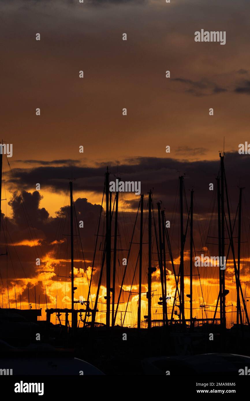 A beautiful port full of boats against the orange sunset sky in ...