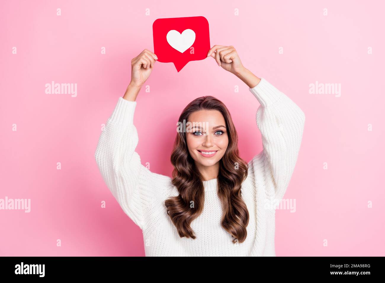 Portrait of cheerful nice person beaming smile hands hold paper like ...