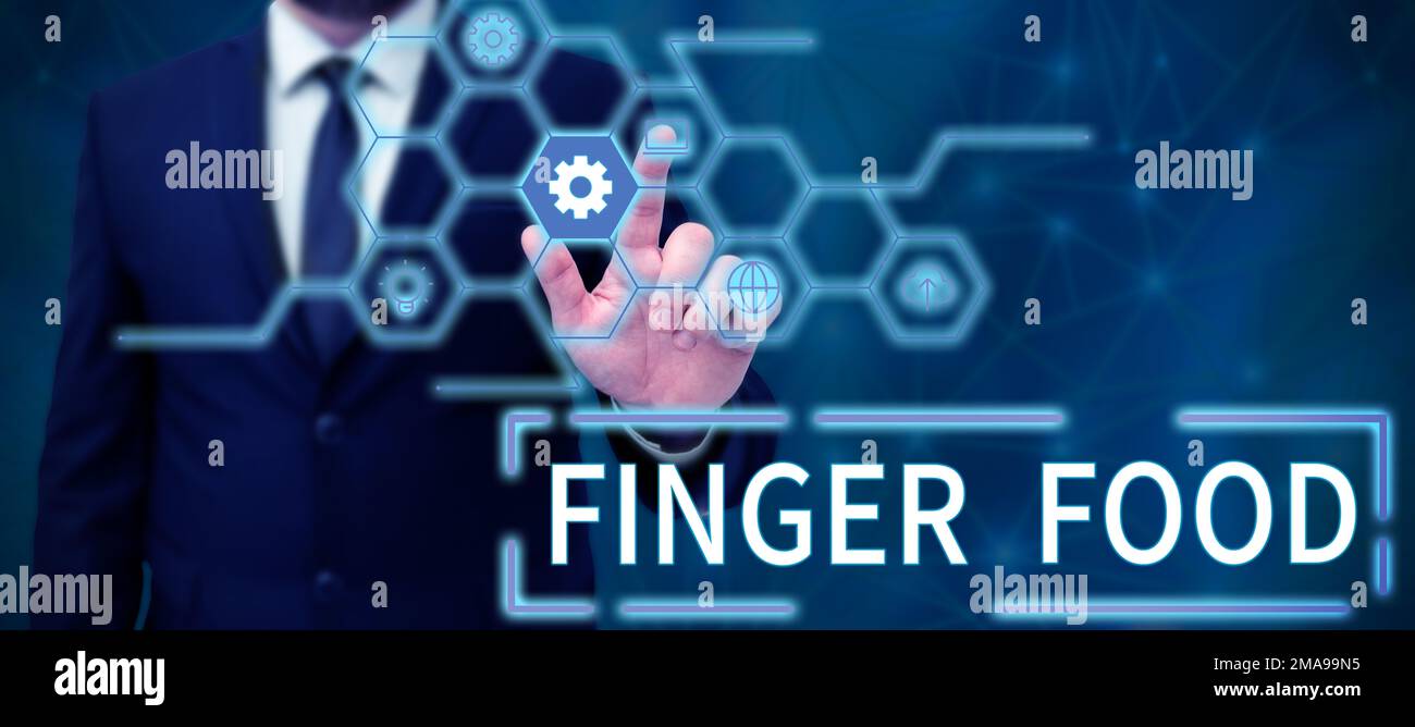 Text caption presenting Finger Food. Conceptual photo products and ...