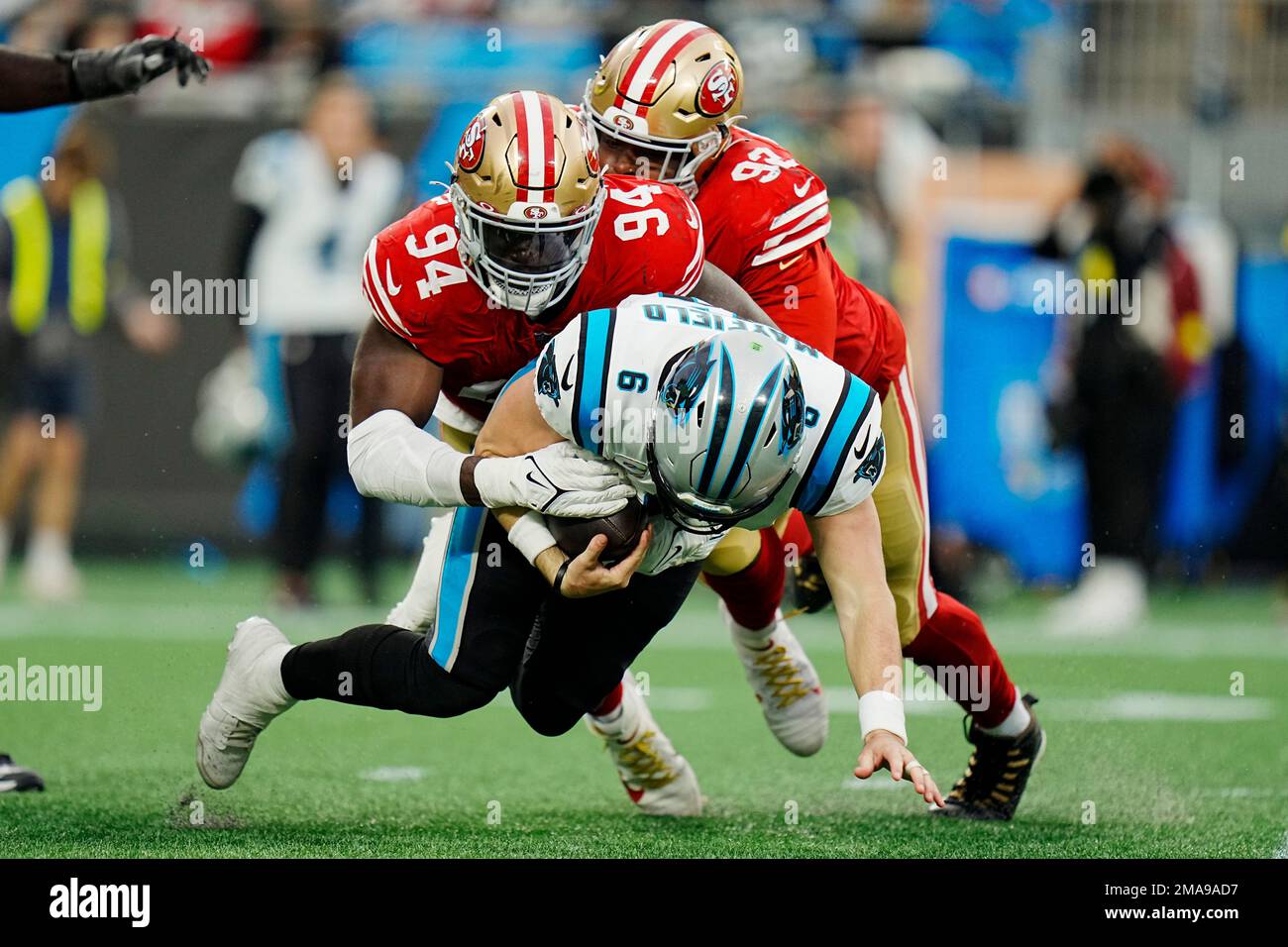 Carolina Panthers quarterback Baker Mayfield is sacked by San Francisco 49ers defensive end ...