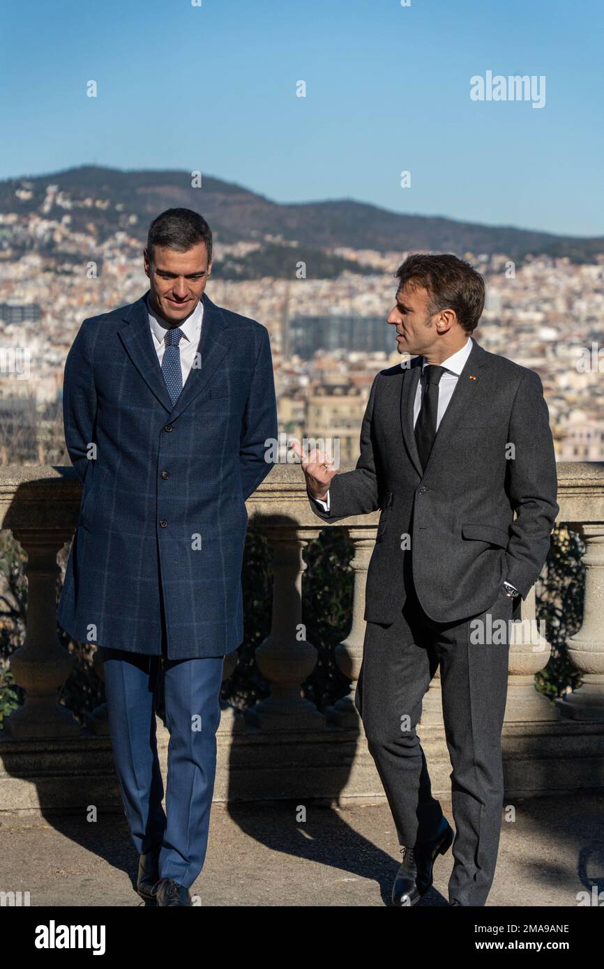 Barcelona, Spain. January 19, 2023. Emmanuel Macron and Pedro Sanchez ...