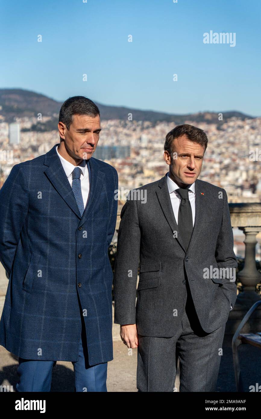 Barcelona, Spain. January 19, 2023. Emmanuel Macron and Pedro Sanchez ...