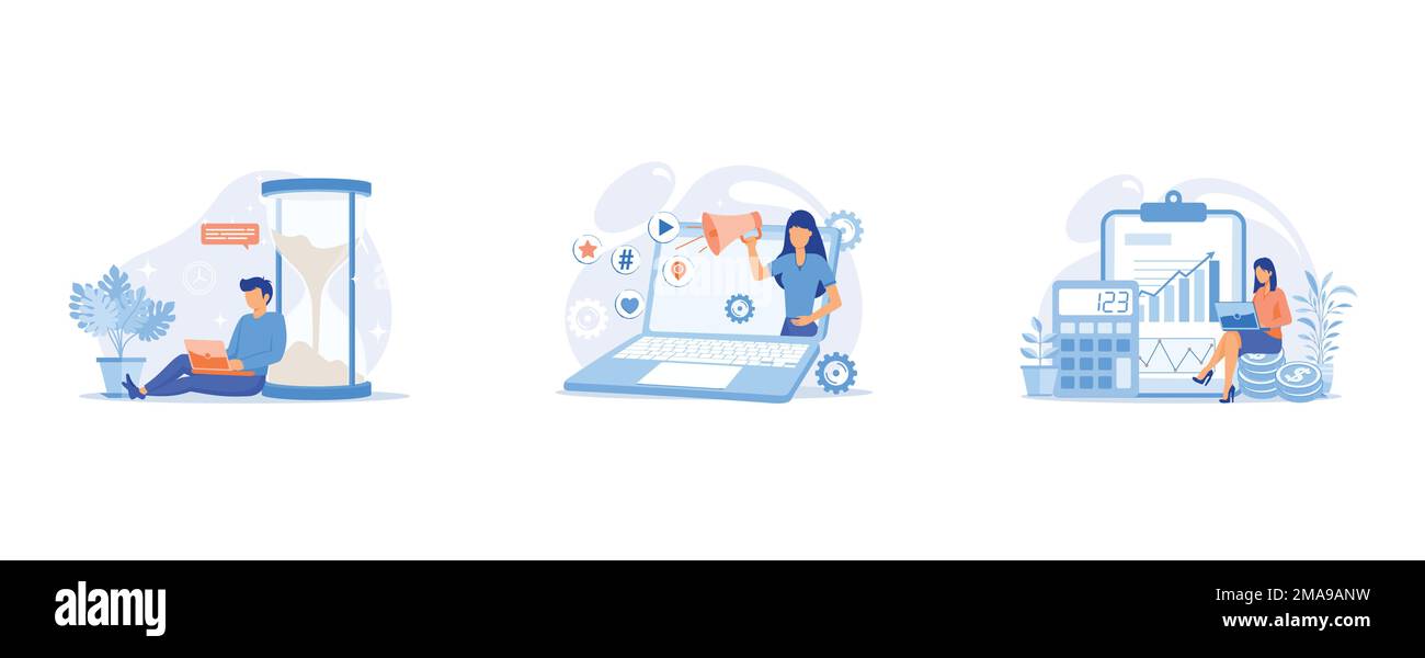 Man working with laptop cartoon character, Internet marketing, Woman ...