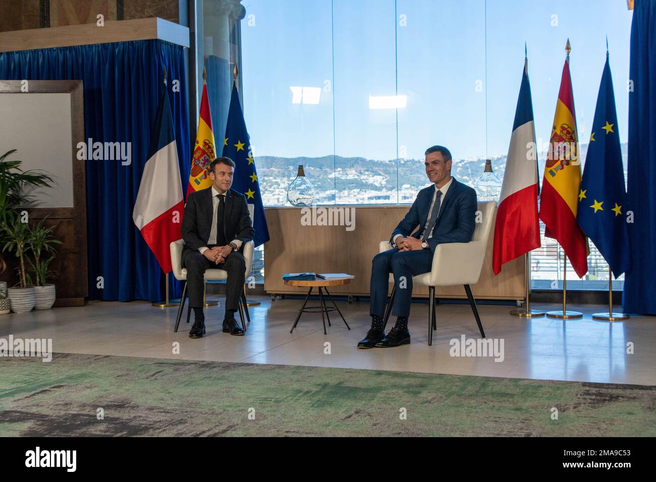 Barcelona, Spain. January 19, 2023. Emmanuel Macron and Pedro Sanchez ...