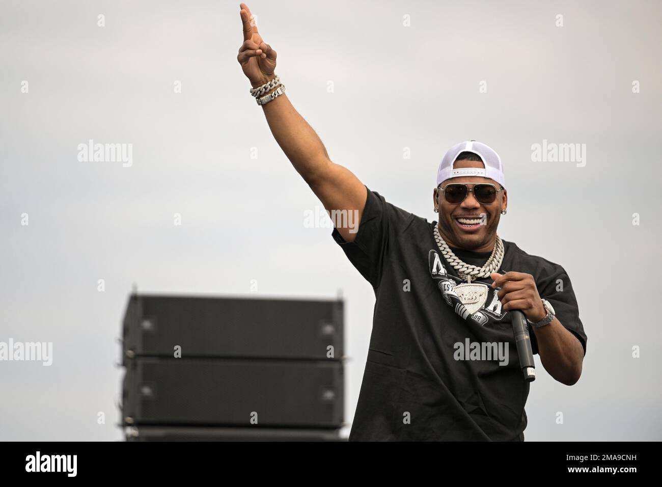 Rapper Nelly performs prior to a NASCAR Cup Series auto race at ...