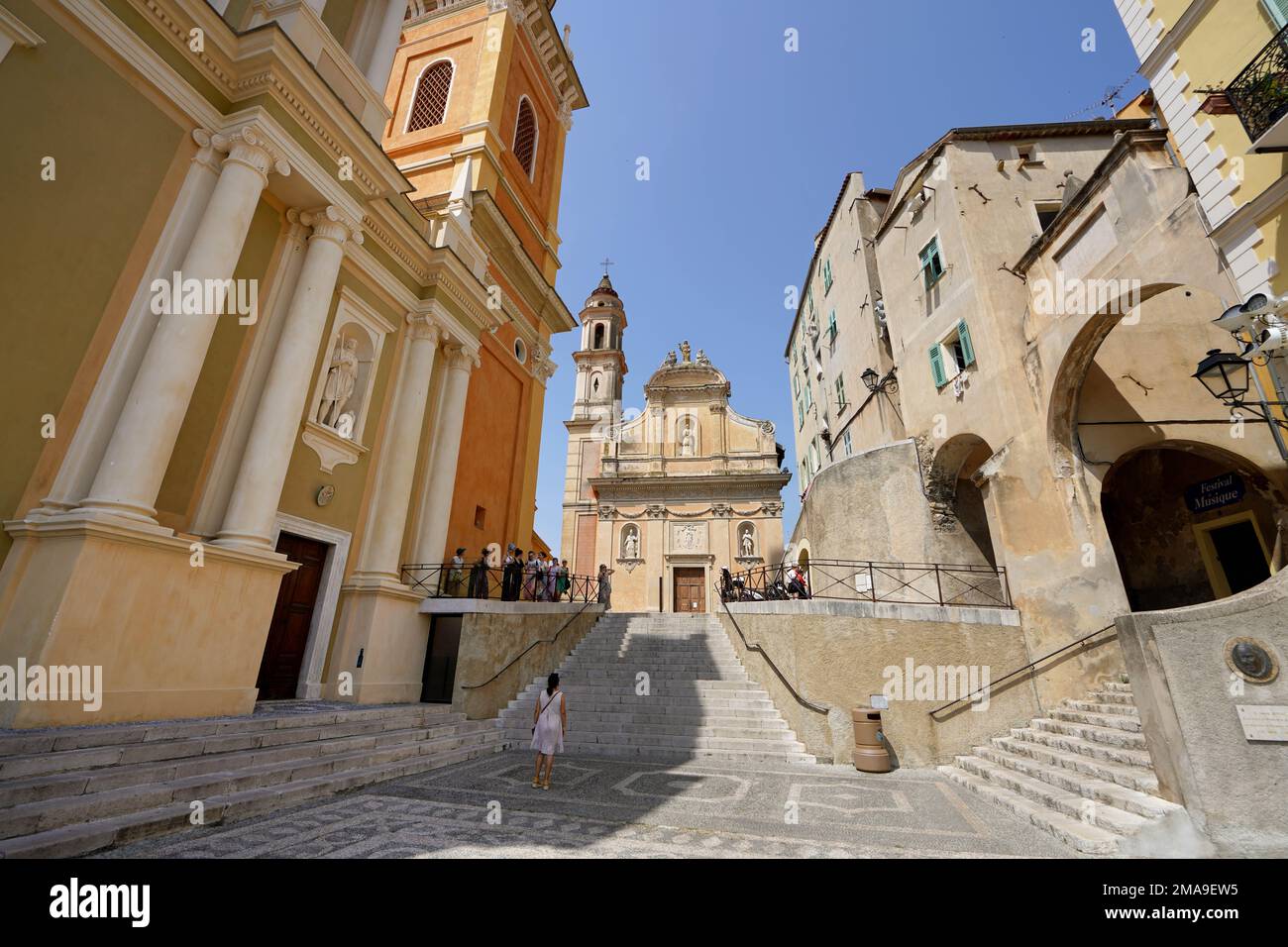 MENTON, FRANCE - JUNE 18, 2022: Place de l'Eglise square with Saint ...