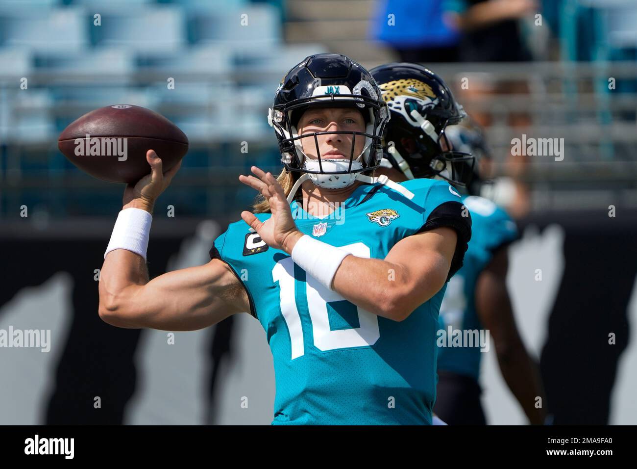 Jacksonville Jaguars quarterback Trevor Lawrence throws before an NFL ...