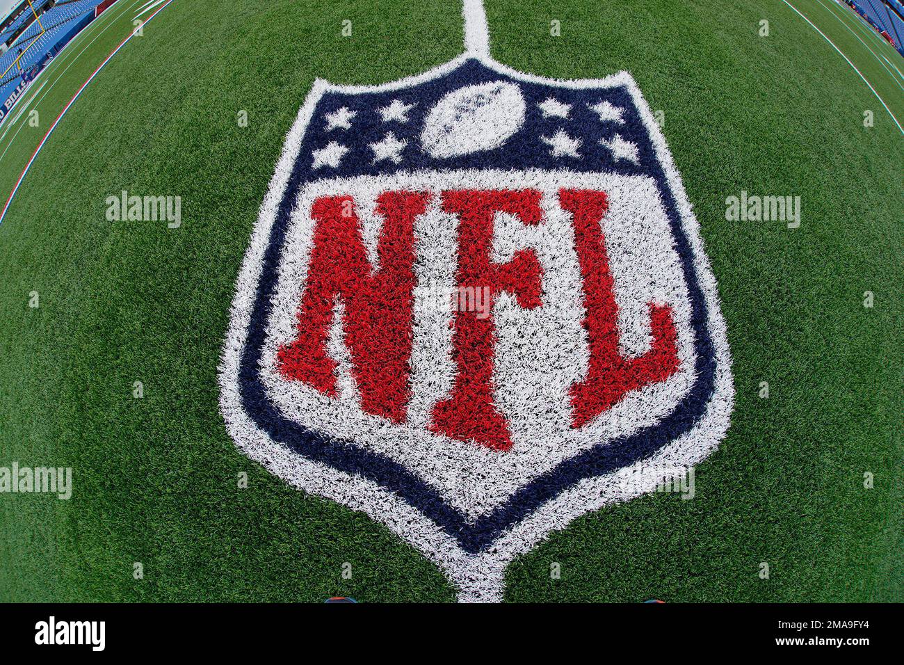This is the NFL logo on the field at Highmark Stadium before an NFL ...