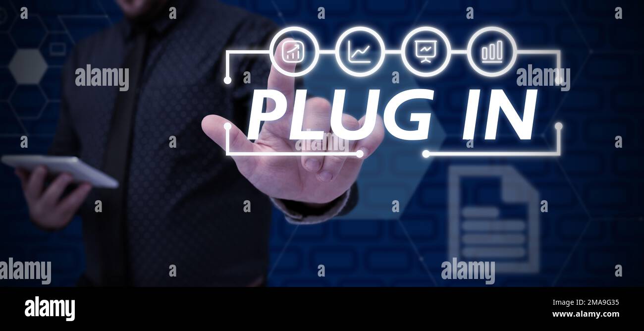 Text showing inspiration Plug In. Business showcase putting device into ...