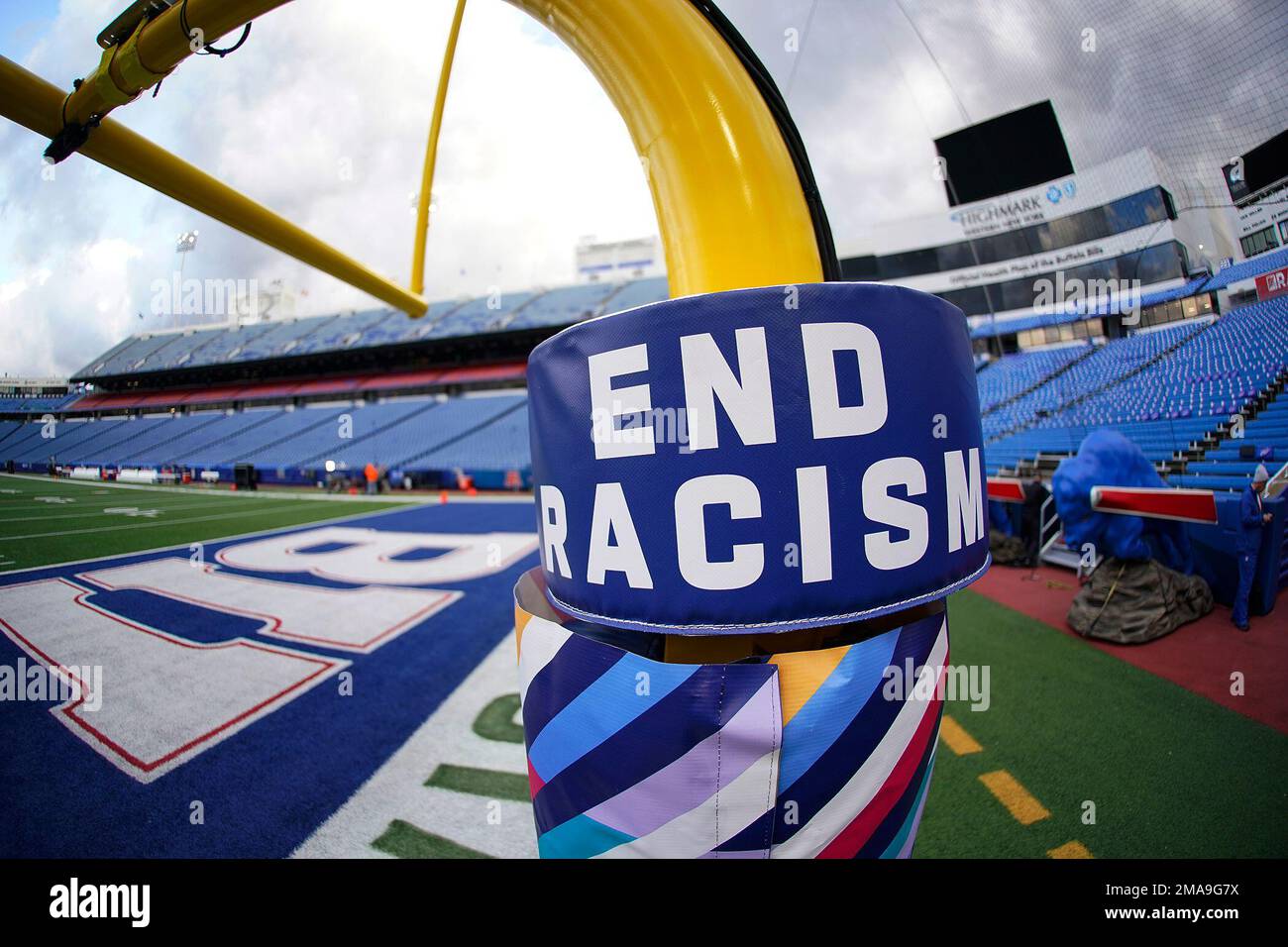 This is the NFL's End Racism goalpost pad at Highmark Stadium before an ...