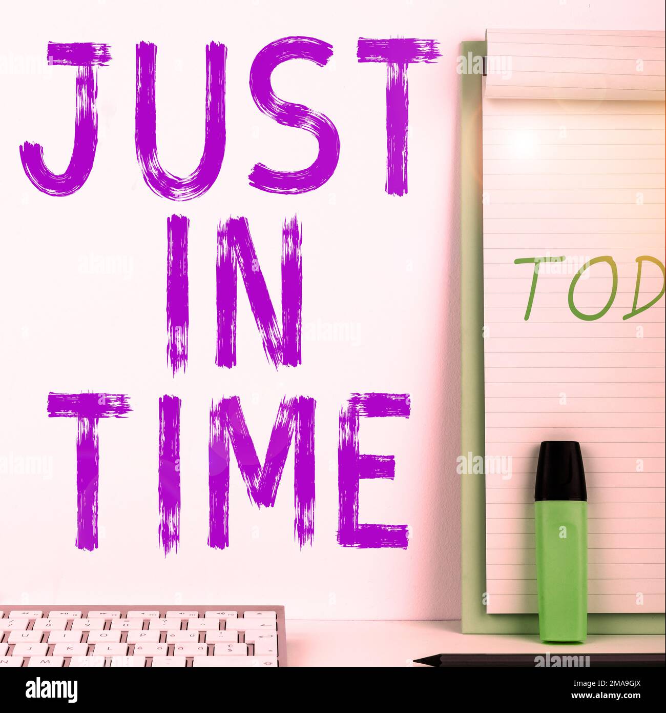 Text showing inspiration Just In Time. Word Written on Arriving exactly ...