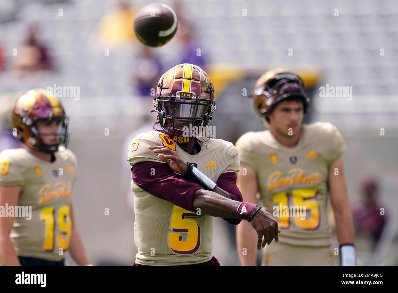 Arizona State quarterback Emory Jones warms up prior to an NCAA college ...