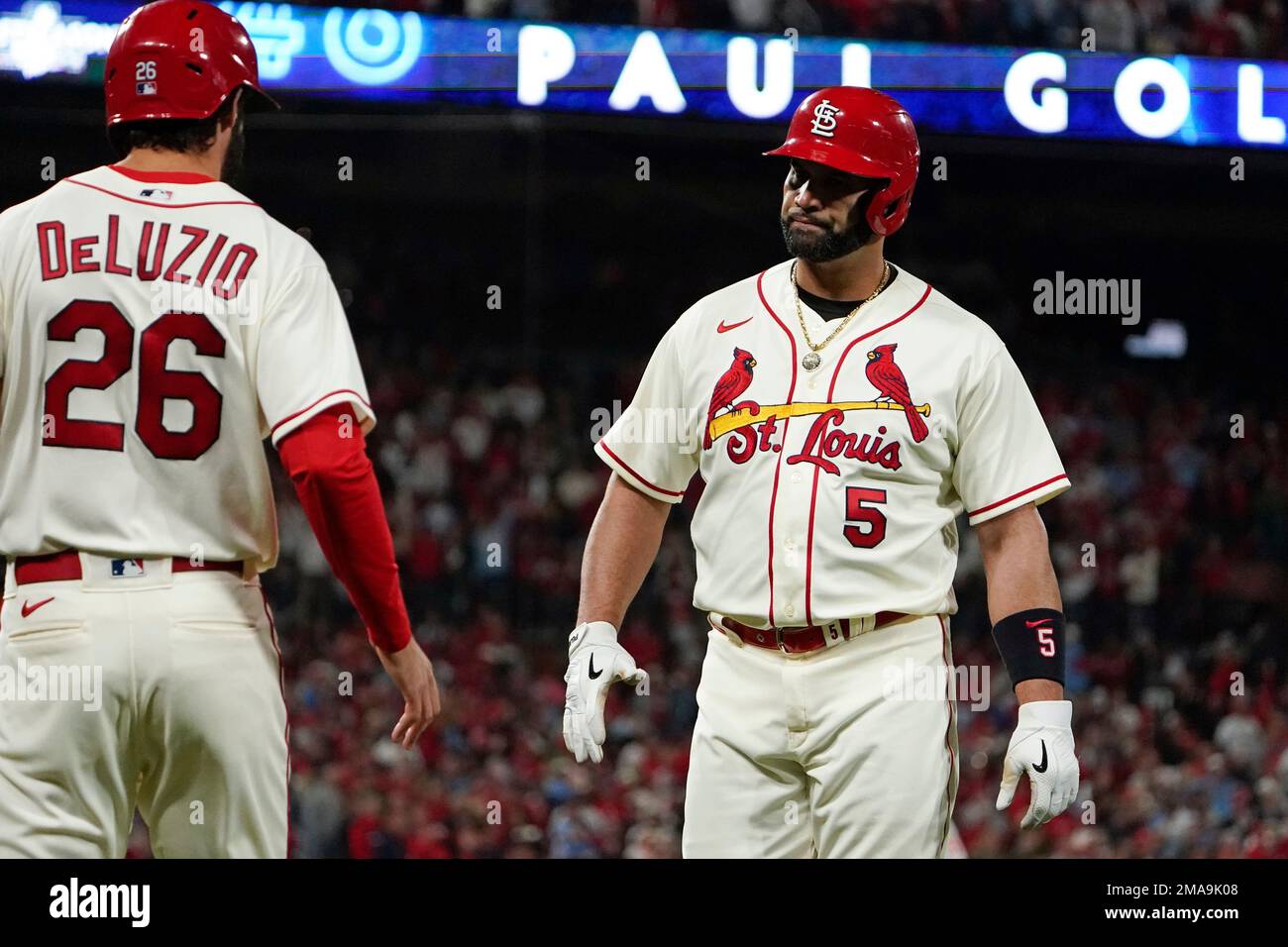 St. Louis Cardinals' Ben DeLuzio comes in as a pinch-runner for Albert ...