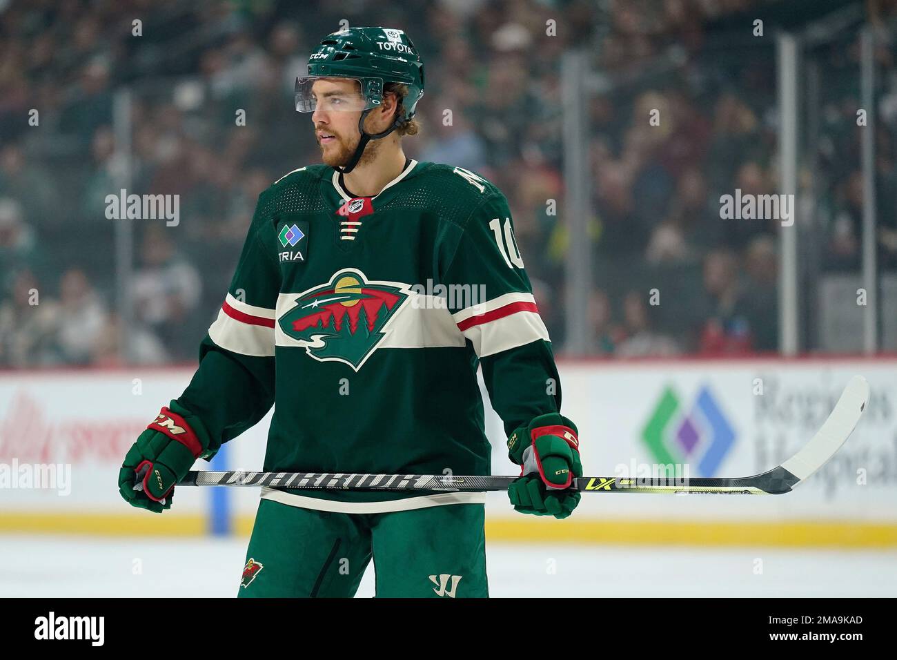 Minnesota Wild center Tyson Jost (10) stands on the ice during the ...