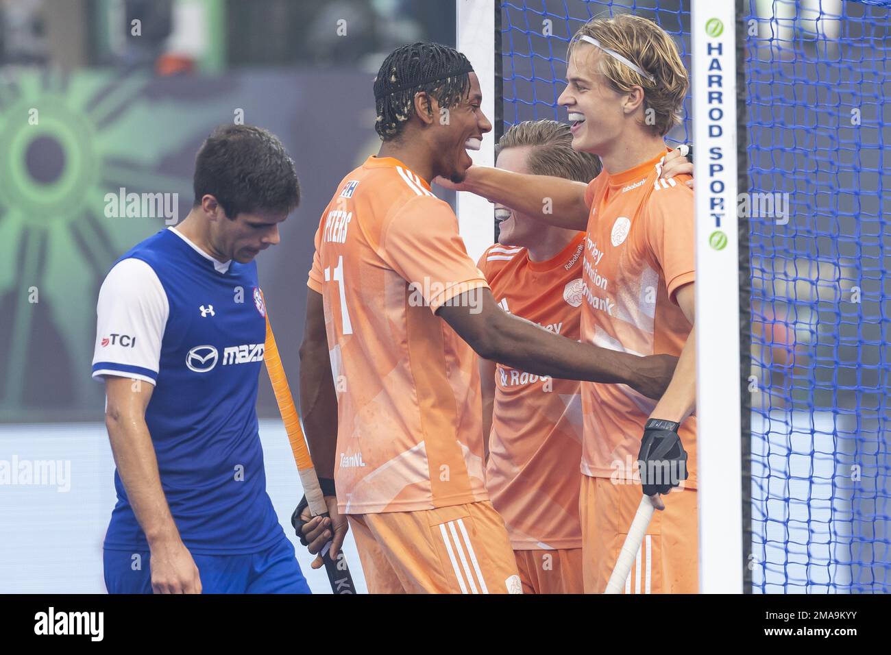 BHUBANESWAR - Justen Blok (NED) scores and celebrates with Terrance ...