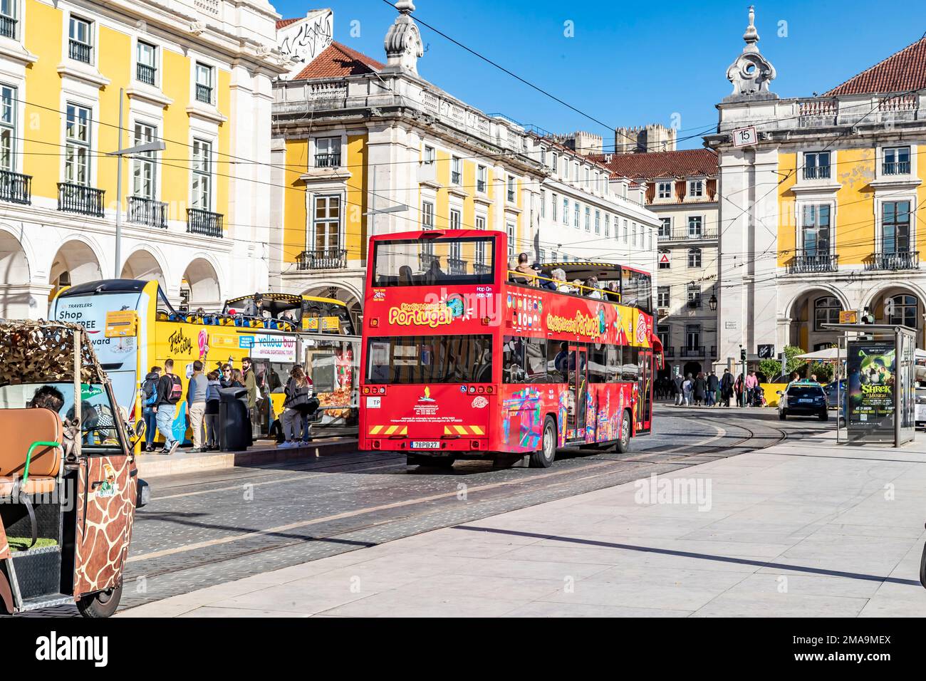 Open topped buses at the top of Tagus Square, Lisbon, Portugal Stock ...