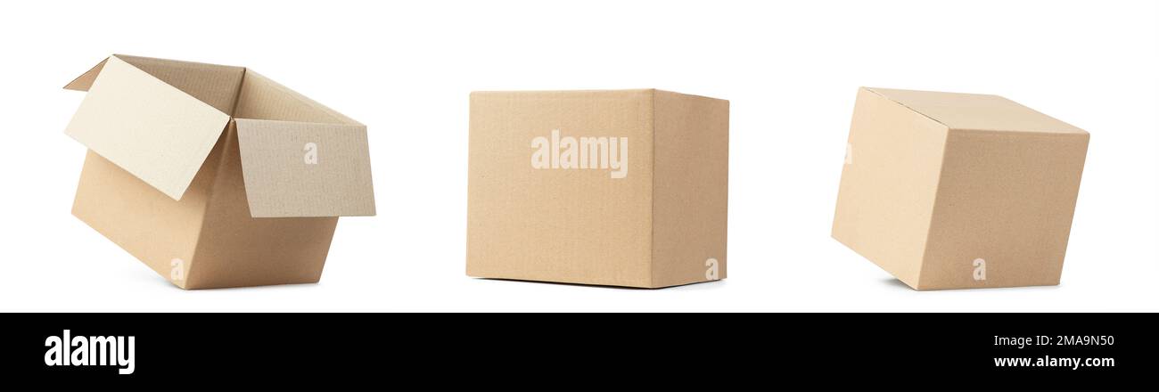 beige cardboard boxes on isolated white background Stock Photo - Alamy
