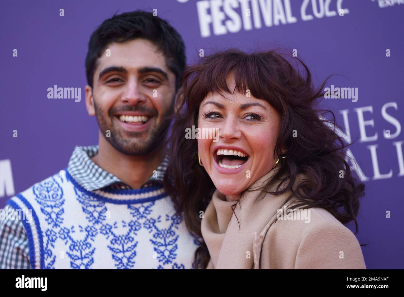 Jamie Winstone, right, poses for photographers upon arrival for the ...