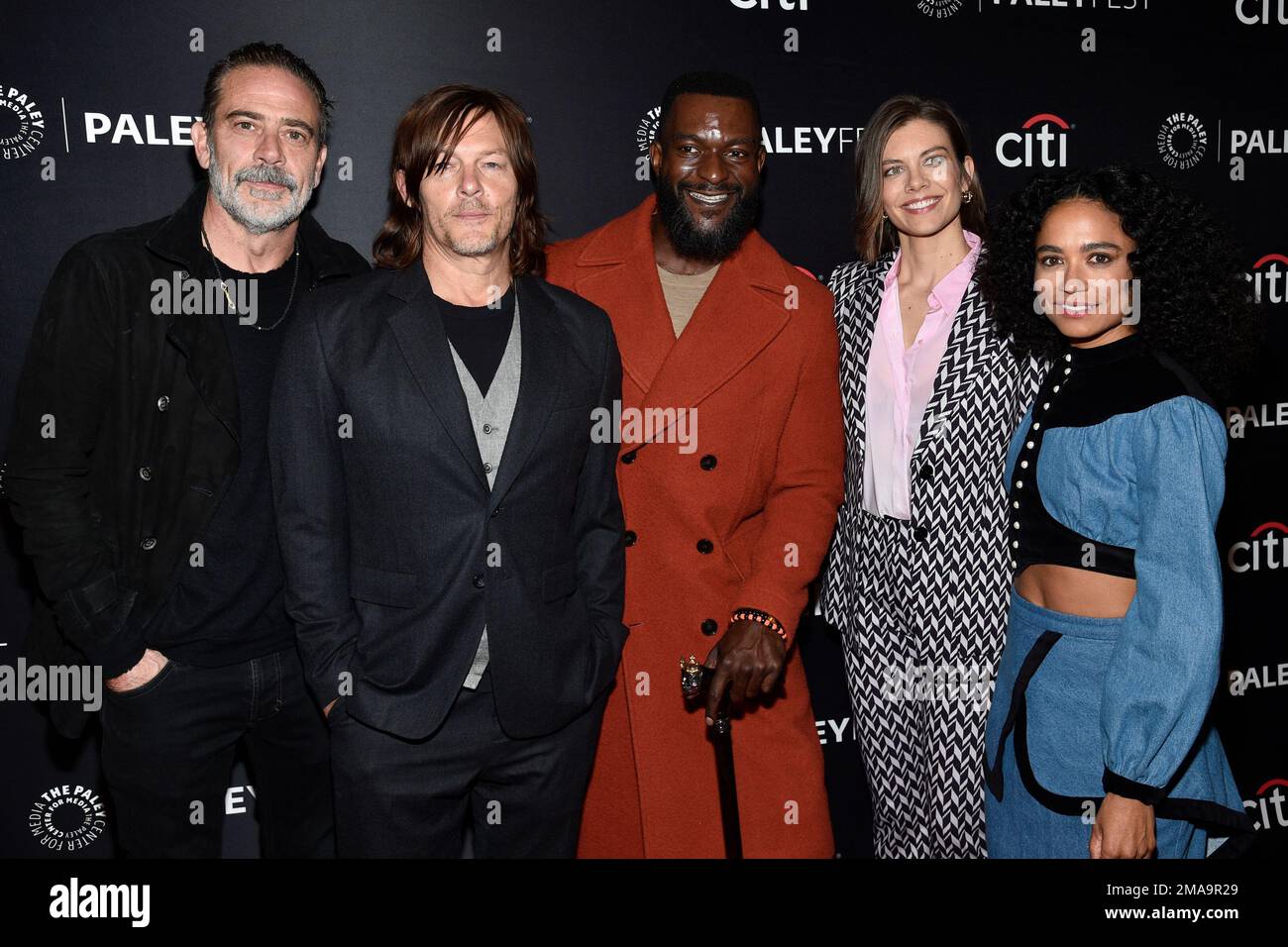 Actors Jeffrey Dean Morgan, left, Norman Reedus, Michael James Shaw, Lauren Cohan and Lauren ...