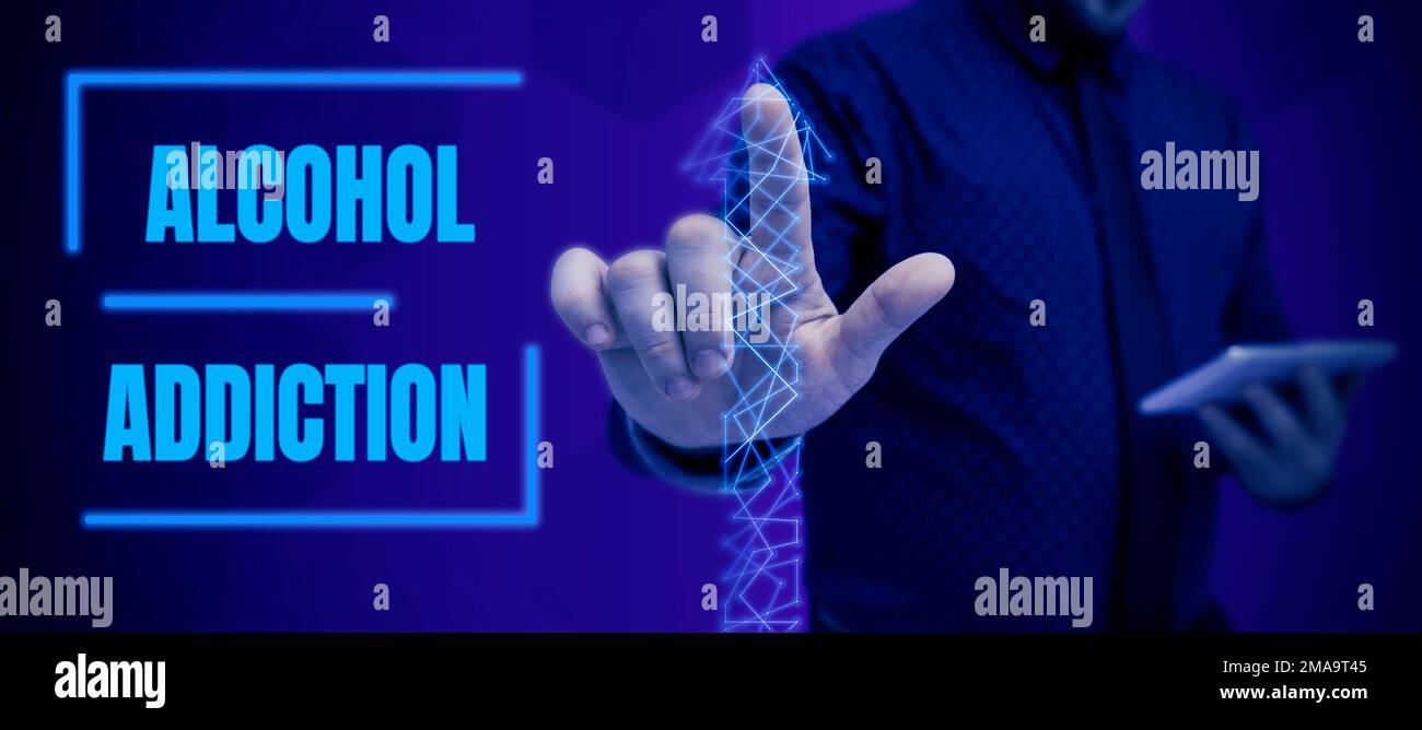 Hand writing sign Alcohol Addiction. Business approach characterized by ...