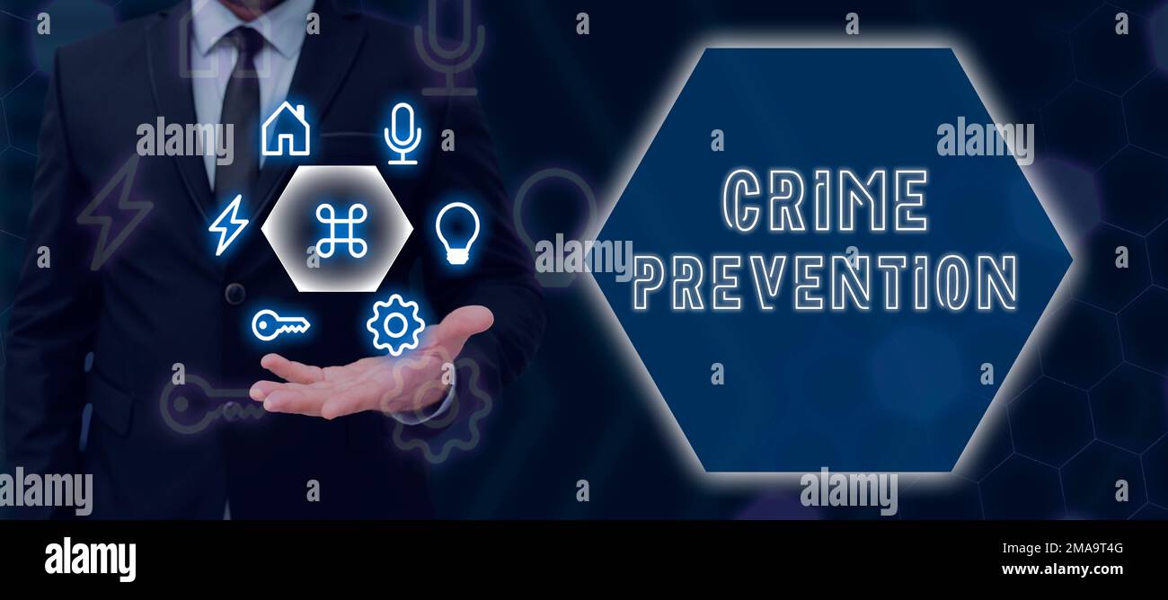 Hand writing sign Crime Prevention. Business approach Federal Offense ...