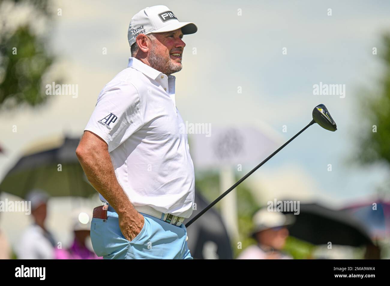 Lee Westwood from England watches his tee shot on the 18th hole during ... Lee Westwood from England watches his tee shot on the 18th hole during ...