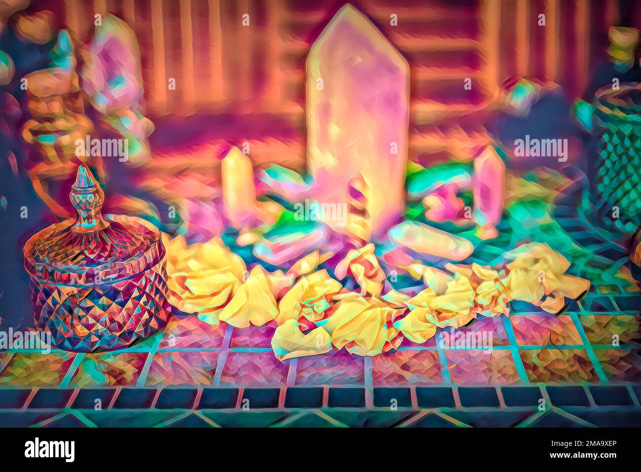 beautiful altar with crystals and rose flowers. Painting effect Stock ...