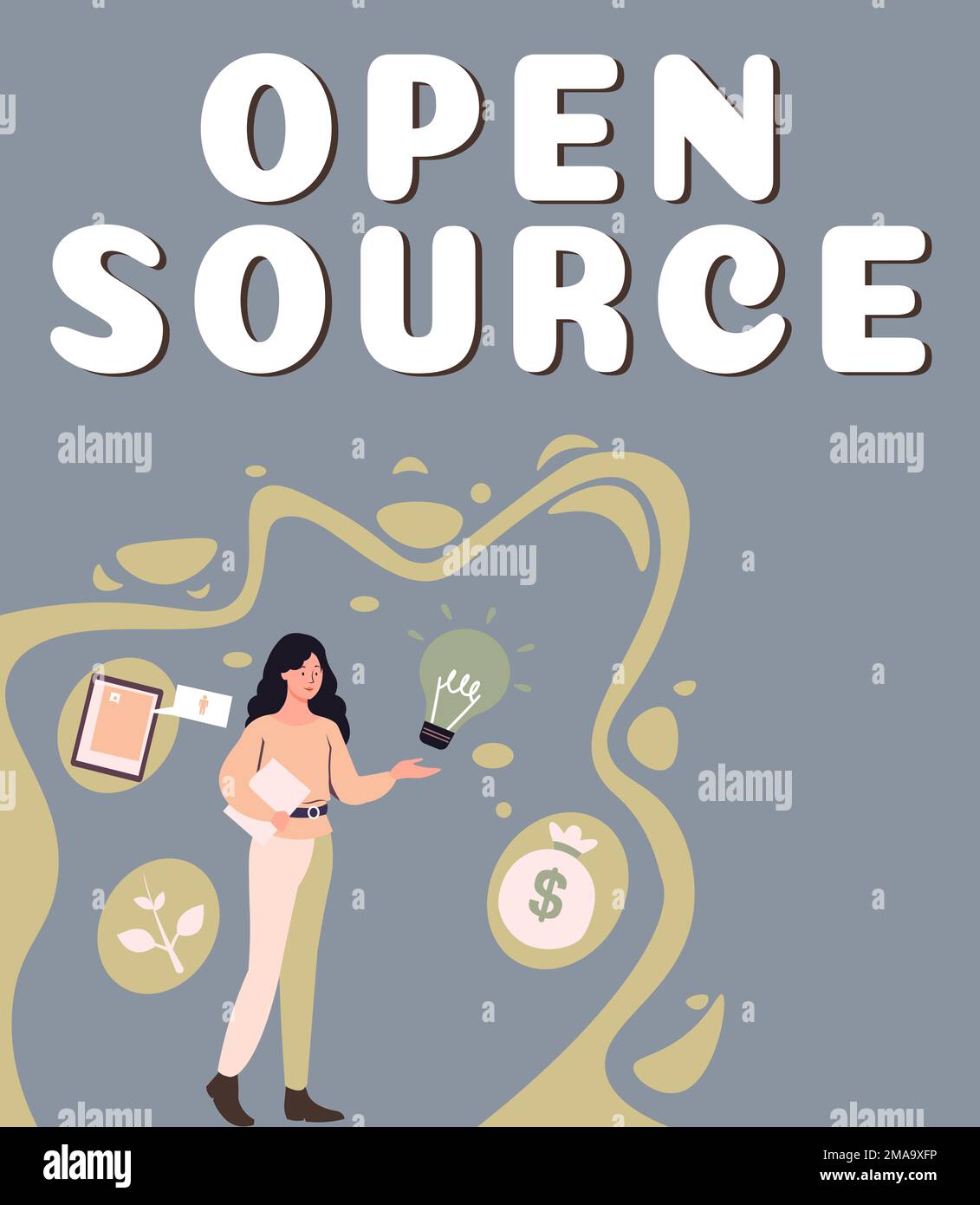 Conceptual caption Open Source. Business showcase denoting software which original source code ...