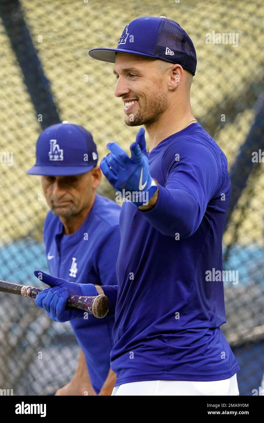 Los Angeles Dodgers' Trayce Thompson smiles during batting practice ...