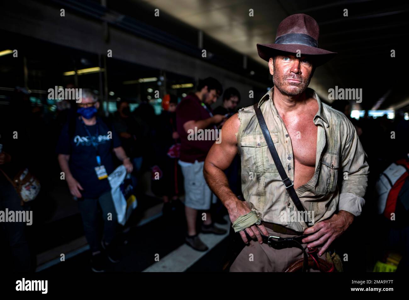An attendee dressed as Indiana Jones poses during New York Comic Con at ...