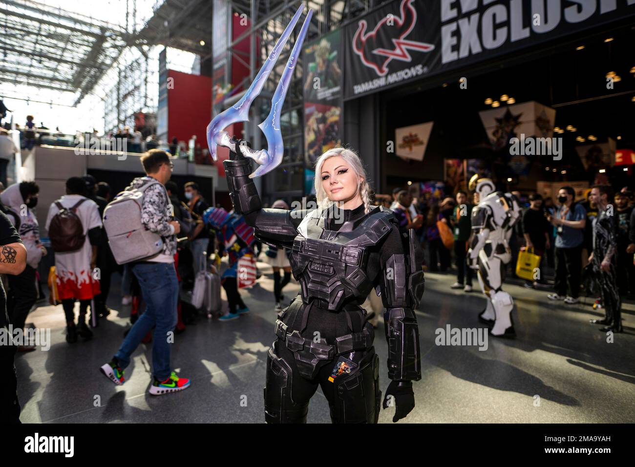 An attendee dressed as a character from the Halo video games poses ...